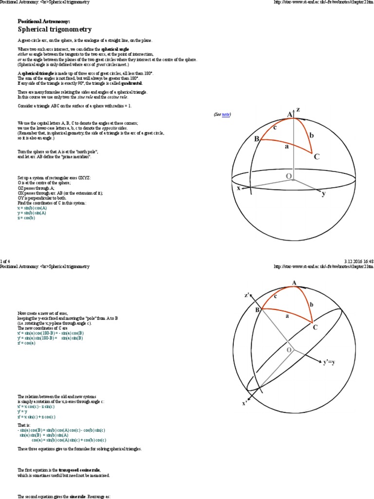 Spherical Trigonometry in Astronomy | PDF | Trigonometric Functions | Sine
