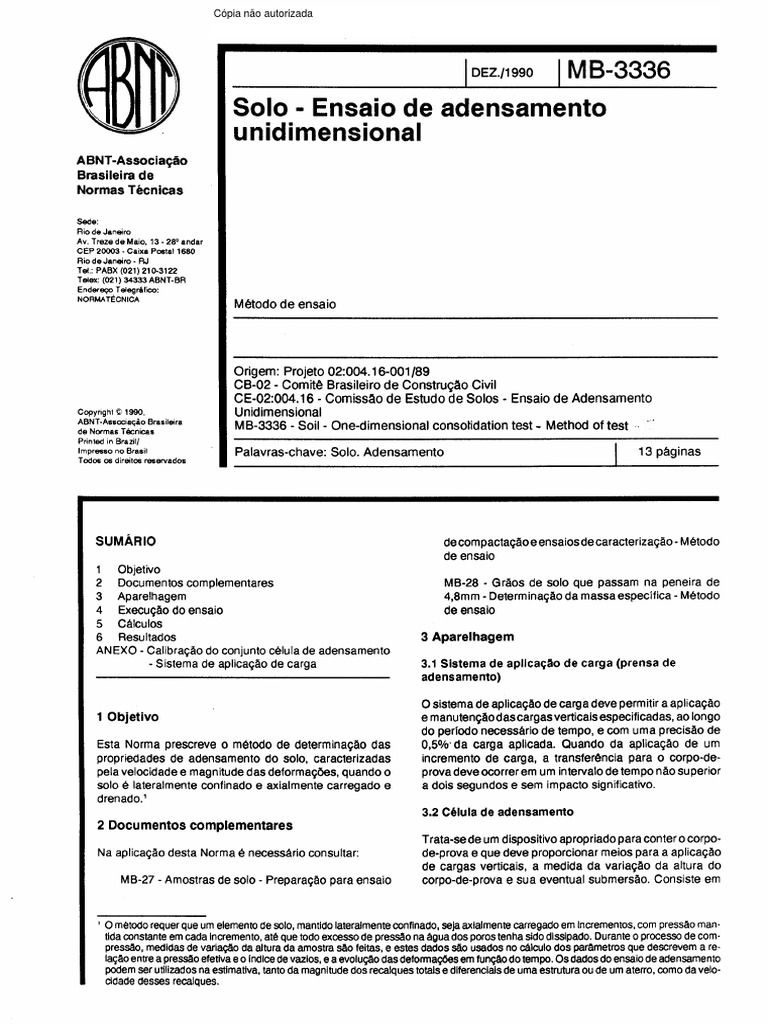 NBR 12007 - MB 3336 - Solo - Ensaio de Adensamento Unidimensional PDF | PDF