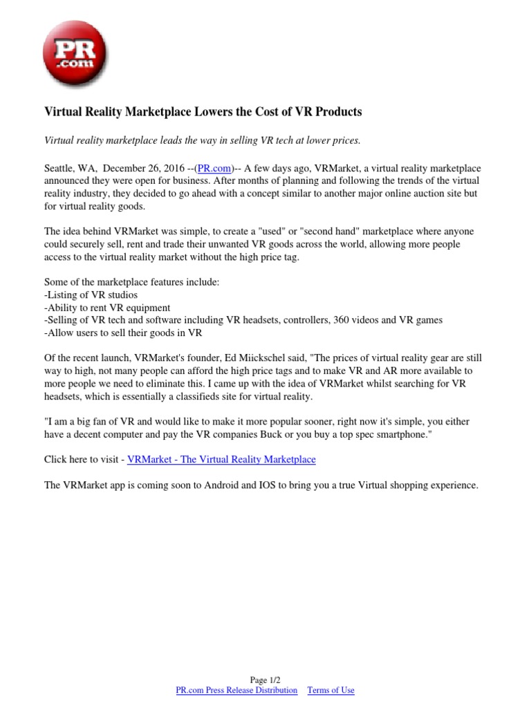 Virtual Reality Marketplace Lowers The Cost of VR Products | PDF ...