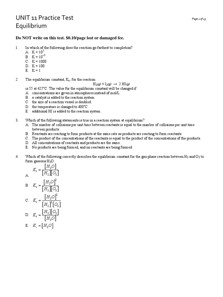 Equilibrium Practice Test Unit 11 | PDF | Gases | Chemical Equilibrium