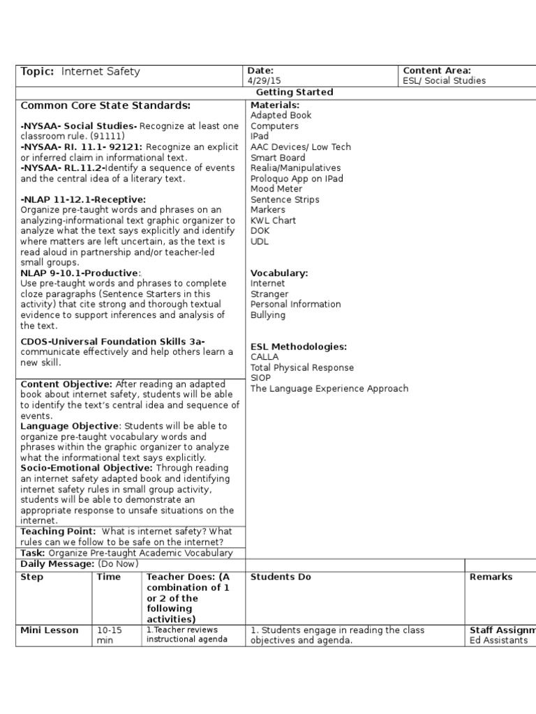 Internet Safety Lesson Plan | PDF | English As A Second Or Foreign ...