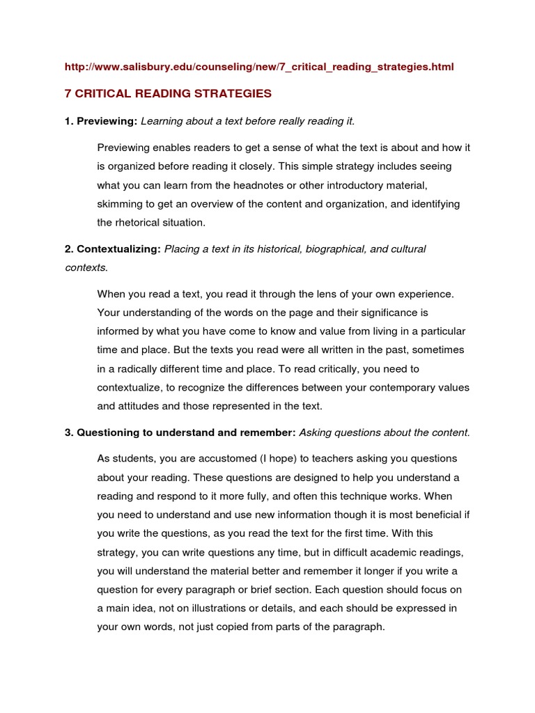 7 Critical Reading Strategies | PDF | Argument | Reading (Process)
