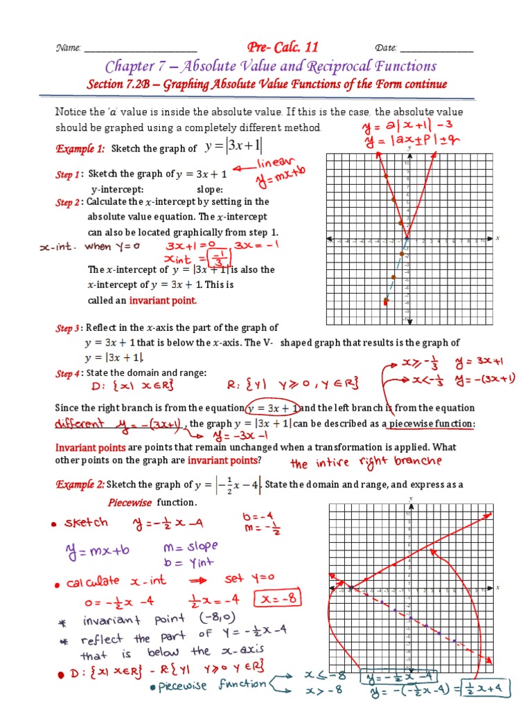 7.2B - Graphing Absolute Value Functions of The Form Key PDF | PDF