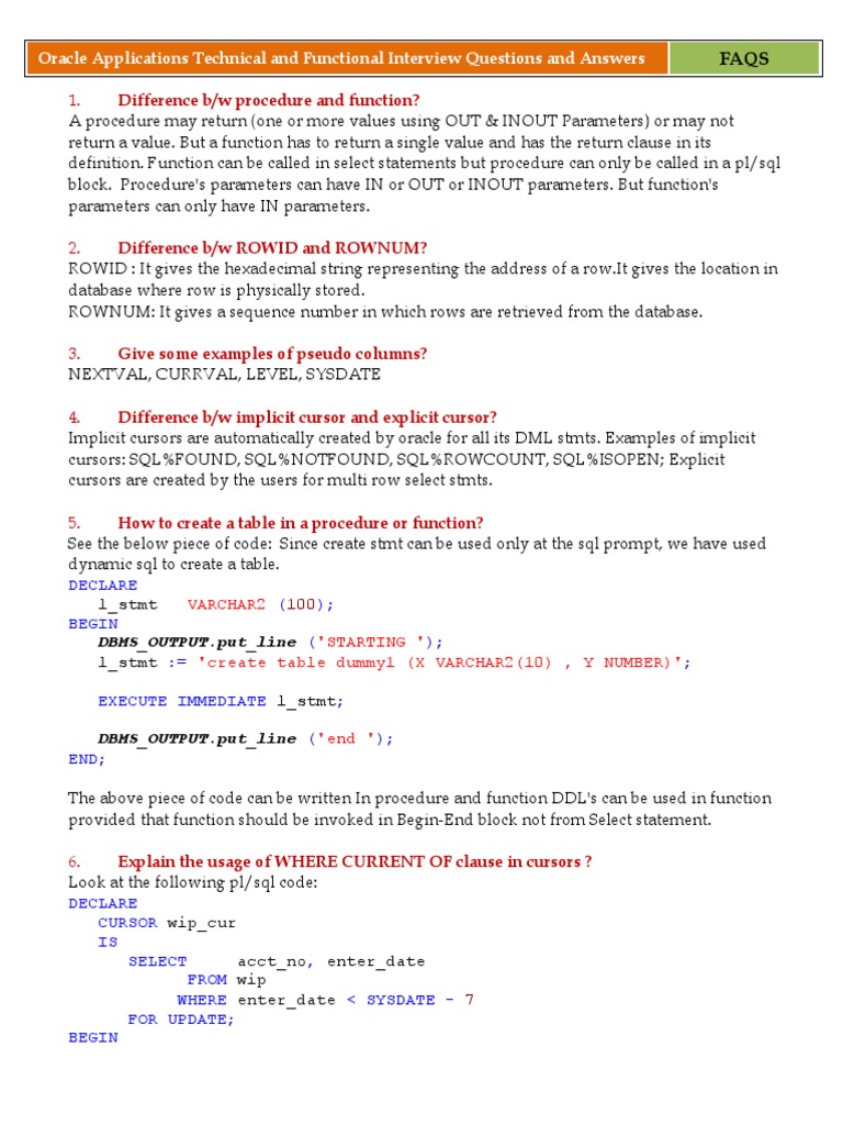 Oracle Applications Technical And Functional Interview Questions Pdf Plsql Oracle Database 