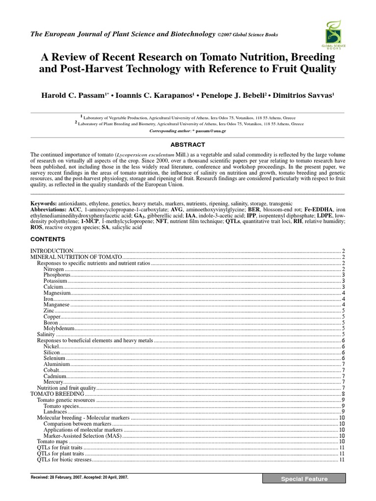 A Review of Recent Research On Tomato Nutrition | PDF | Selenium | Tomato