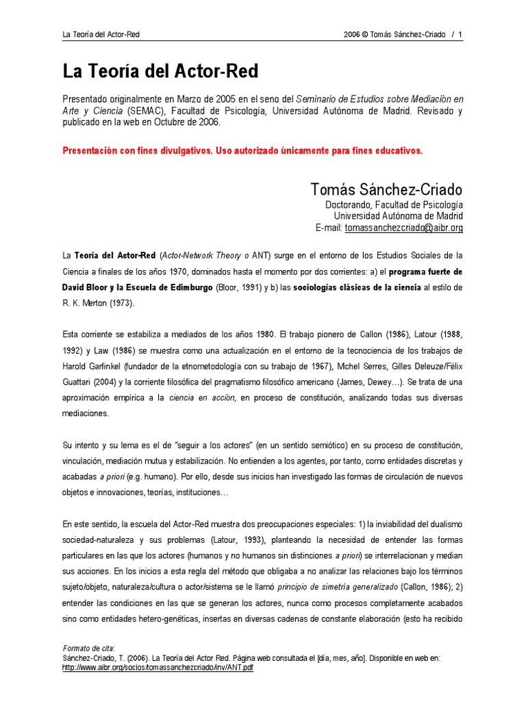 Tomas Sanchez Criado La Teoria Del Actor Red | PDF | Teoría | Science