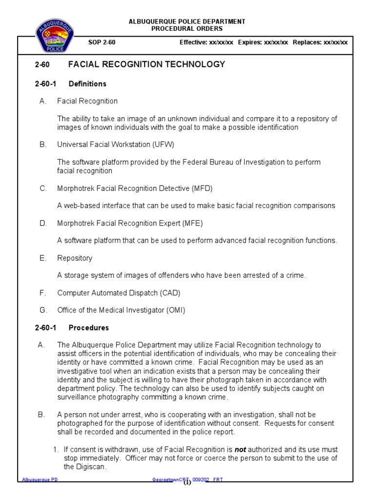 APD's Facial Recognition Technology Procedural Order | PDF ...
