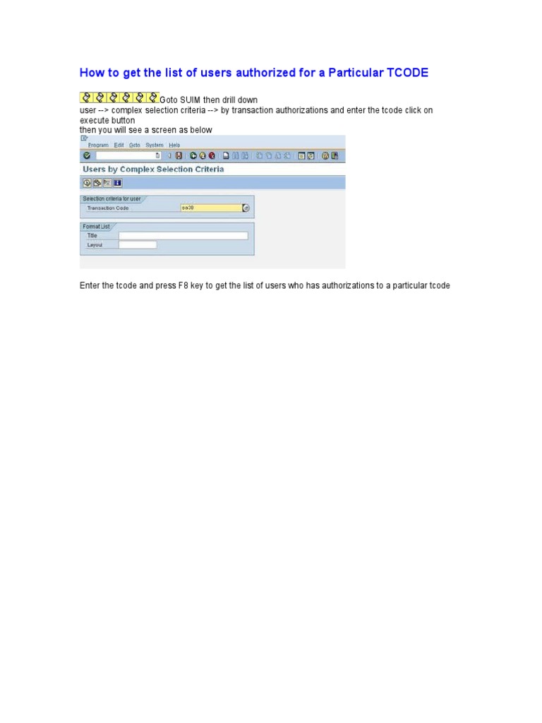 Get List of Users Authorized for a TCODE in SAP | PDF