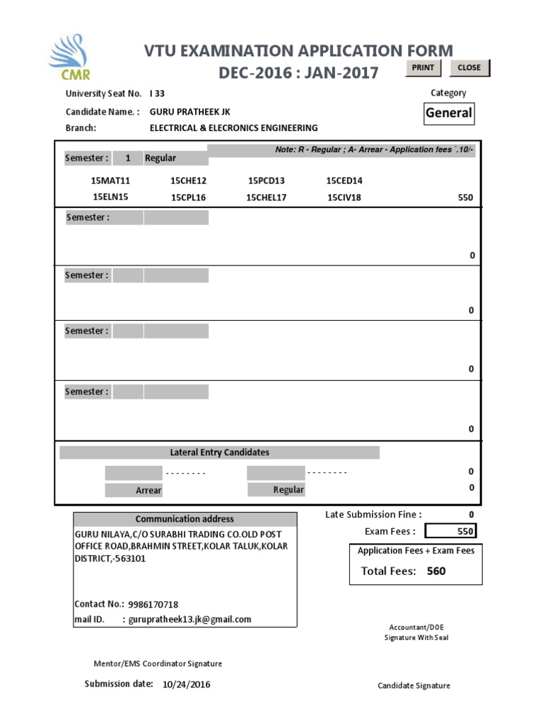 Vtu Examination Application Form DEC-2016: JAN-2017: General | PDF