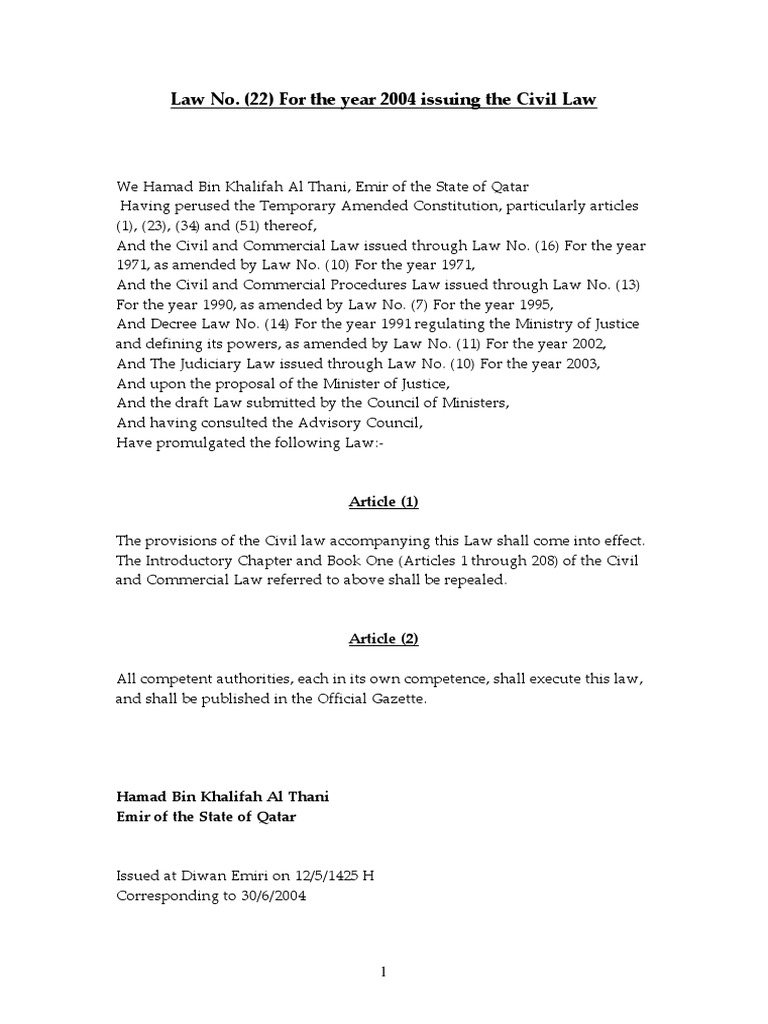 Qatar Civil Law No. 22 of 2004 | PDF | Offer And Acceptance | Legal ...