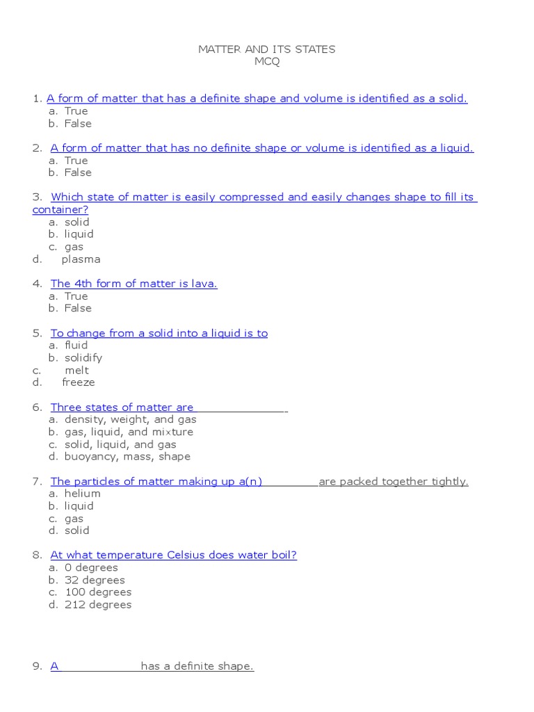 MCQ Matter and Its States | PDF | Language Arts & Discipline ...