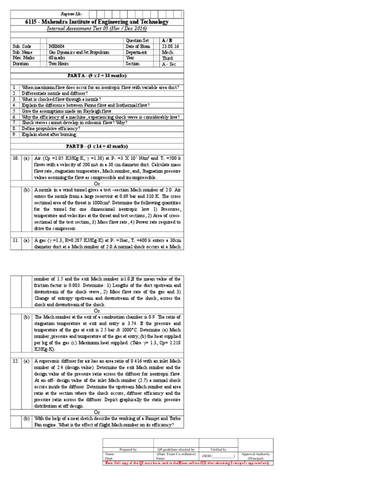 First Year QP Format | PDF | Compressible Flow | Mach Number