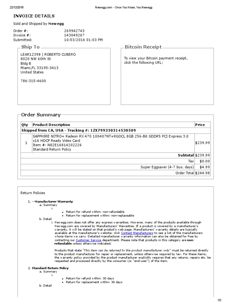 Newegg | Personal Computers | Receipt