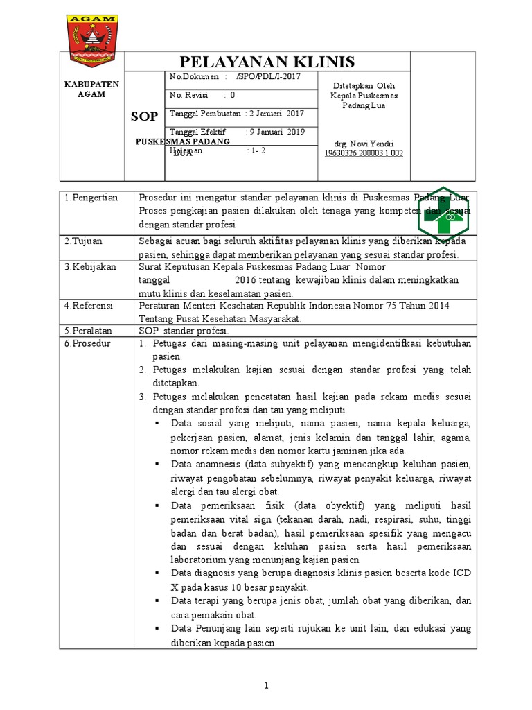 Sop Pelayanan Klinis Puskesmas | PDF