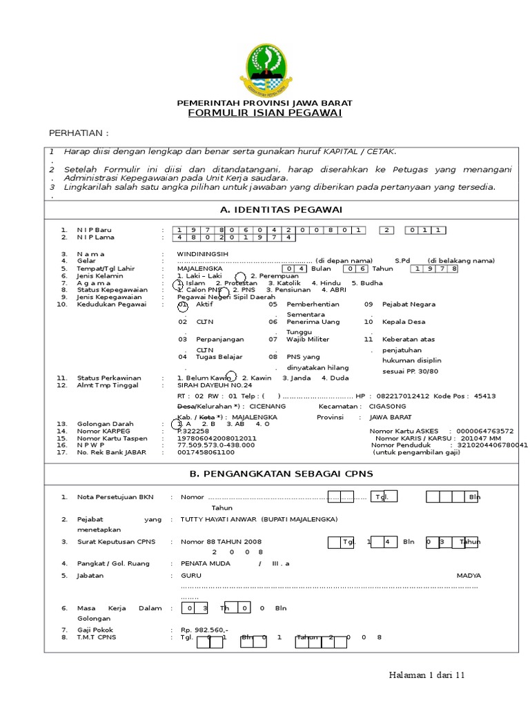 FORMULIR ISIAN PEGAWAI Des 2016 | PDF