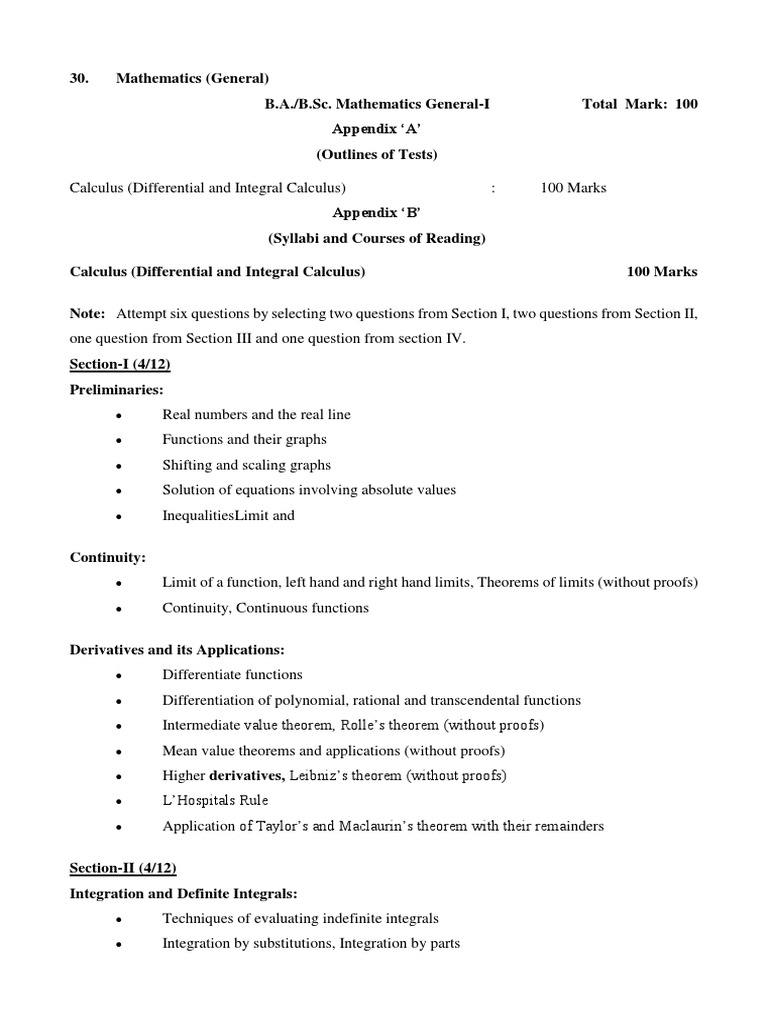 B.A./B.Sc. Mathematics General Syllabus | PDF | Integral | Calculus