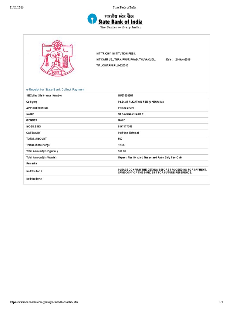 Nit Trichy Institution Fees. Date:: e Receipt For State Bank Collect Payment | PDF