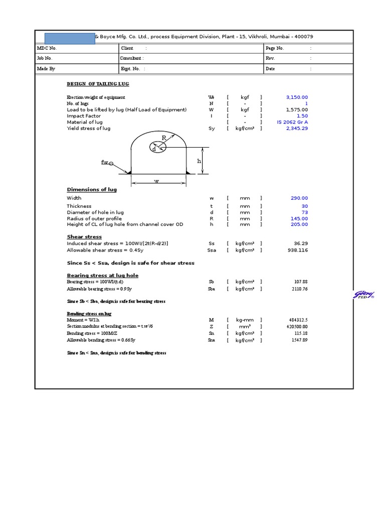 R D H W FW: Design of Tailing Lug | PDF