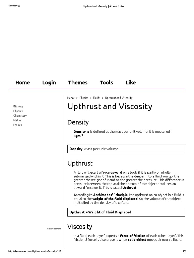 Upthrust and Viscosity - A Level Notes | PDF