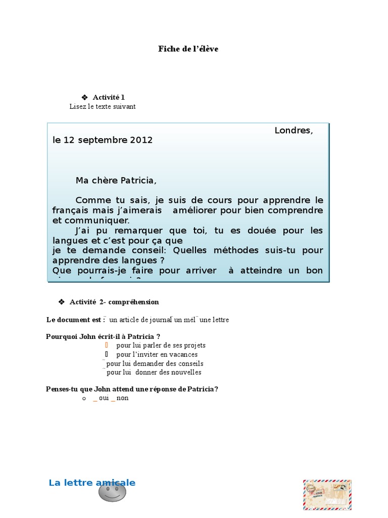 Fiche Eleve Lettre Amicale | PDF | Langue française