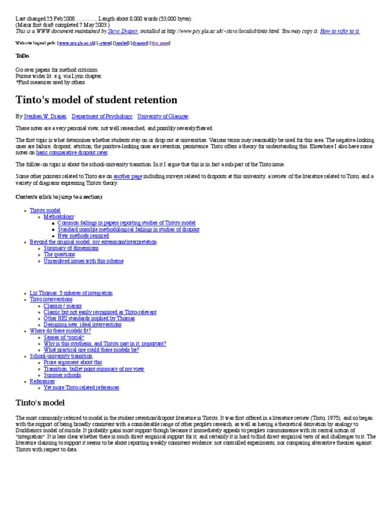 Tinto's Student Retention Model Analysis | PDF | Goal | Lecture