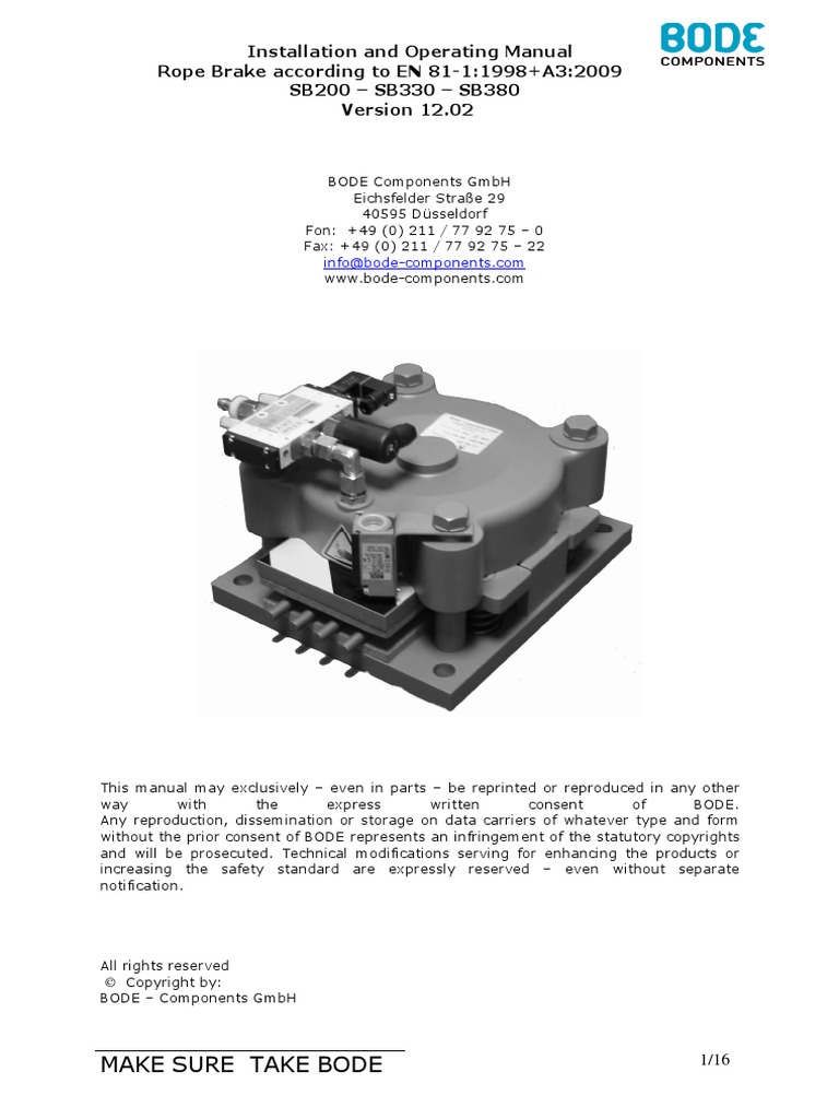 Operating Manual Rope Brake 12.02 | Elevator | Brake