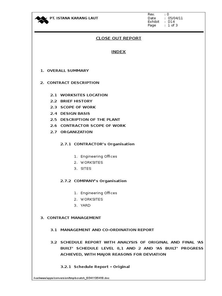 PT. Istana Karang Laut Closeout Report | PDF