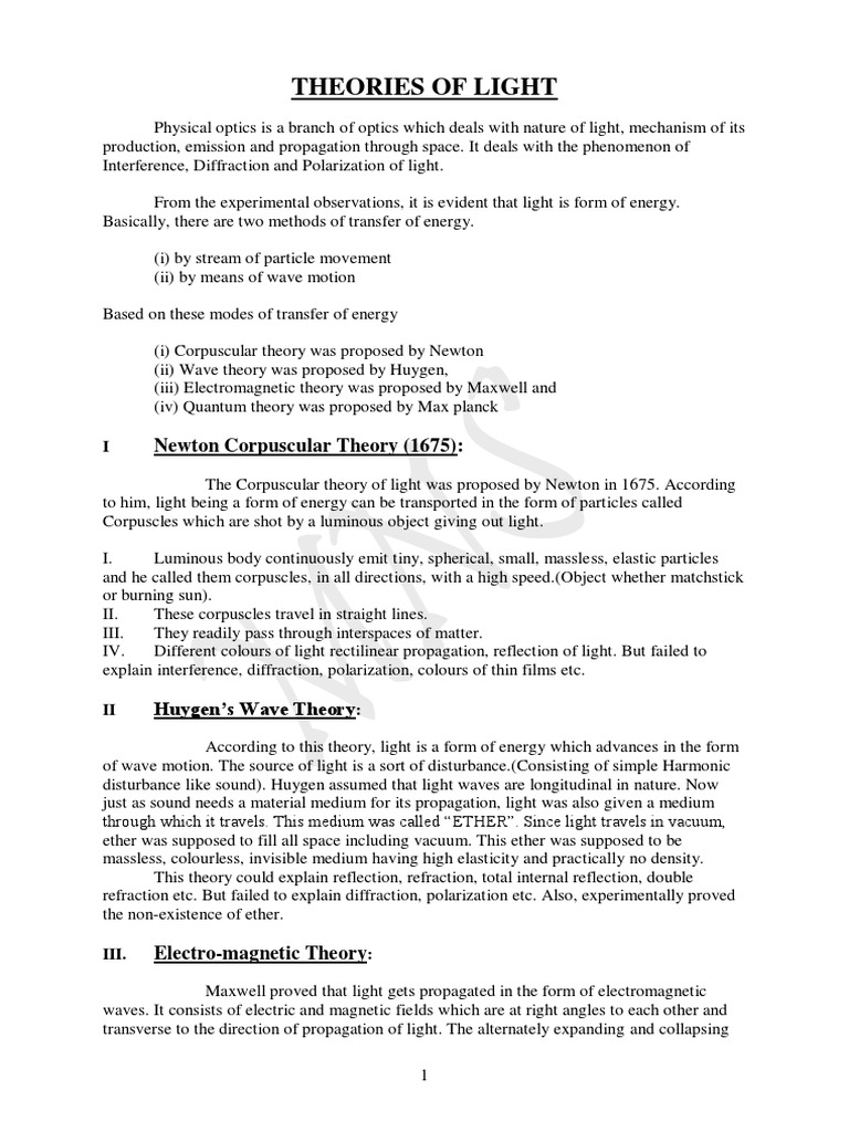 Theories of Light | PDF | Luminiferous Aether | Light