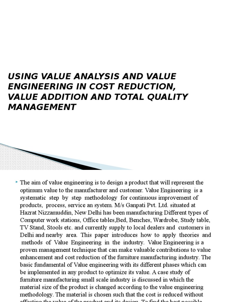 Using Value Analysis and Value Engineering in Cost Reduction, Value ...
