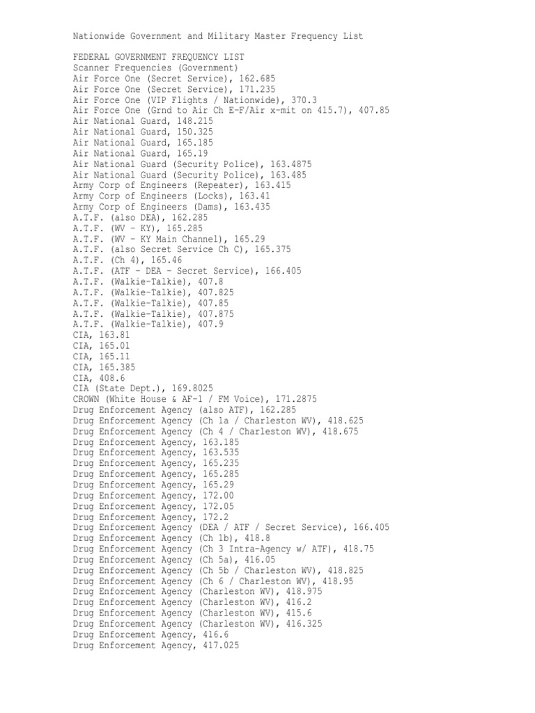 Nationwide Government and Military Master Frequency List | PDF | Radio ...