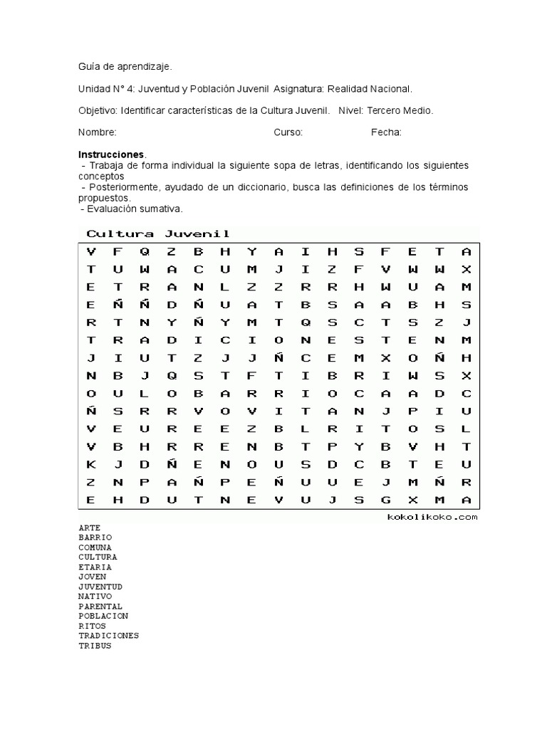 Sopa de Letras: Cultura Juvenil | PDF | Ciencias sociales