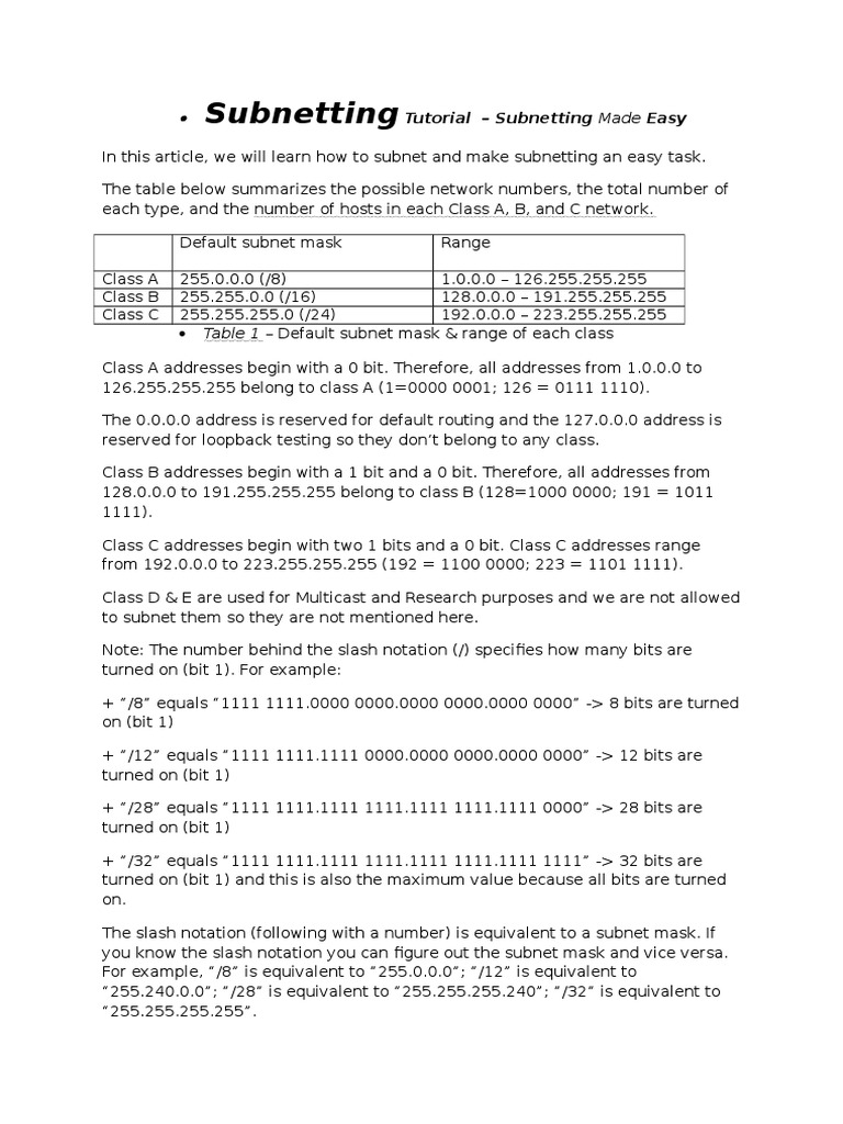 Subnetting: Table 1 - Default Subnet Mask & Range of Each Class | PDF ...