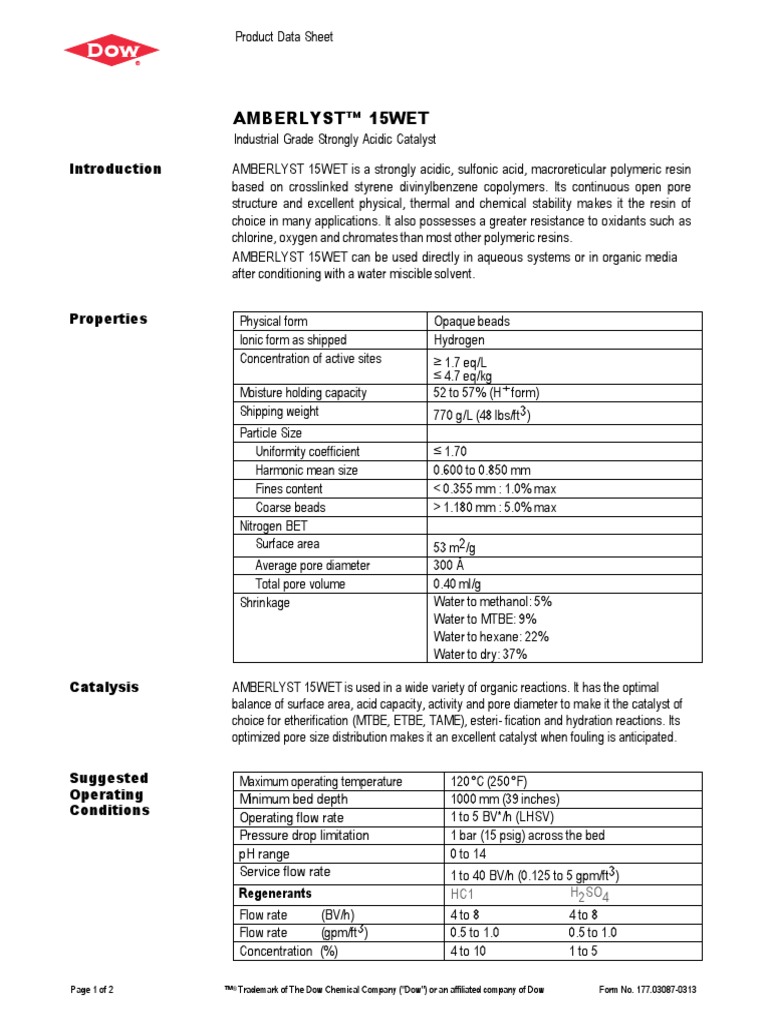 Dow Amberlyst 15 Wet L | PDF | Hydrogen | Physical Chemistry