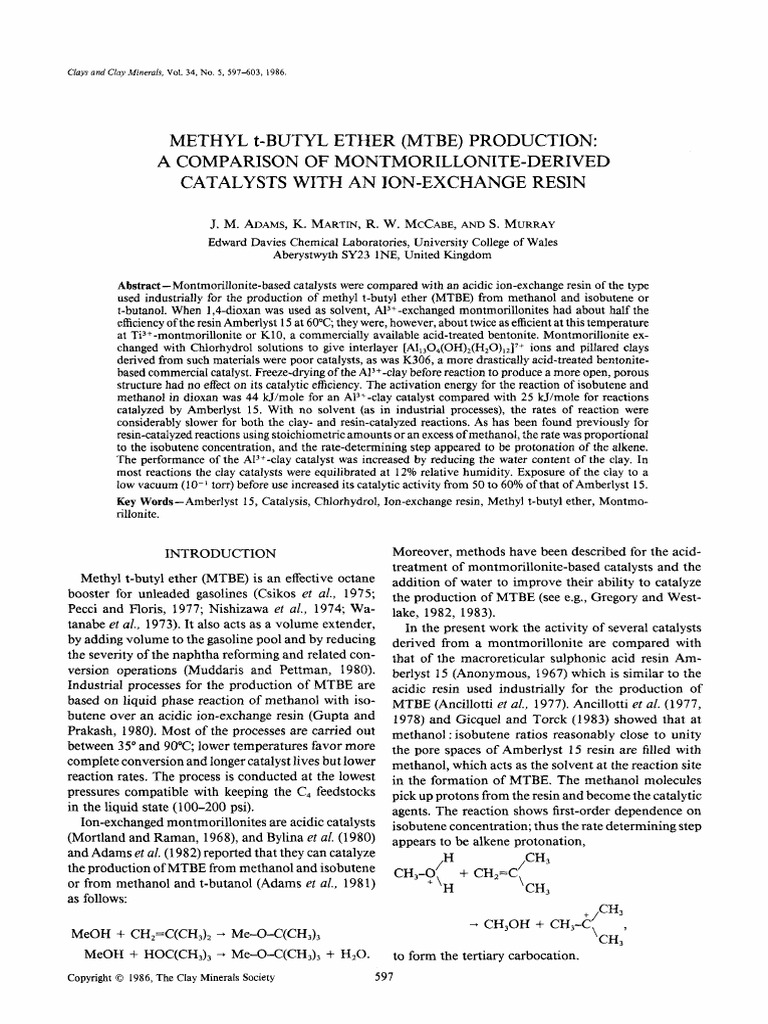 Methyl T-Butyl Ether (Mtbe) Production: A Comparison of Montmorillonite ...
