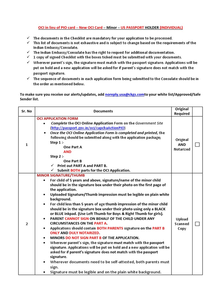 Oci in Lieu of Pio Card Holder Us Minor | PDF | Passport | Signature