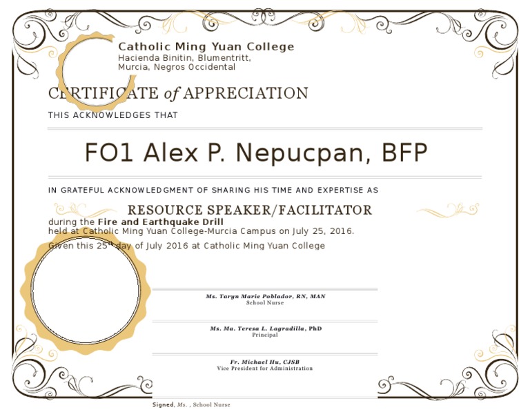 FO1 Alex P. Nepucpan, BFP: Certificate of Appreciation | PDF