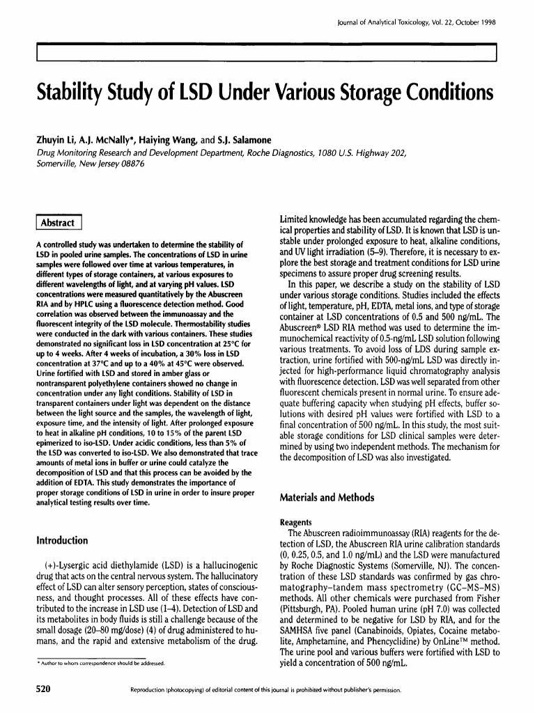 Stability of LSD Conditions | PDF | Lysergic Acid Diethylamide | High ...