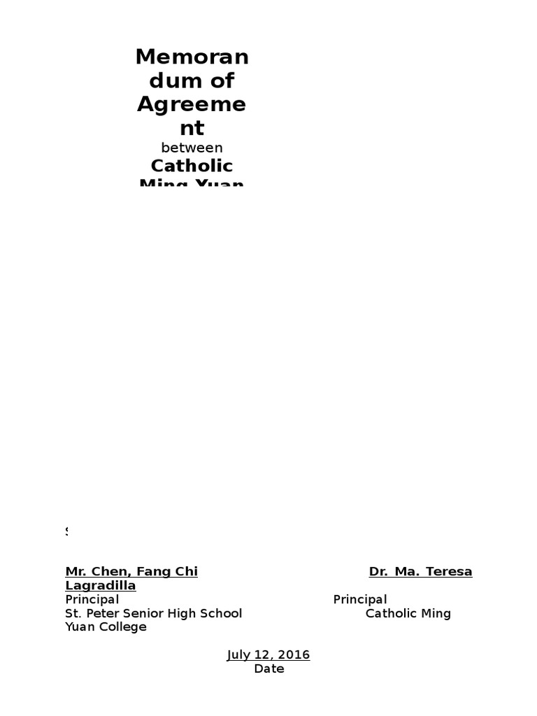 Memoran Dum of Agreeme NT: Catholic Ming Yuan College St. Peter Senior ...