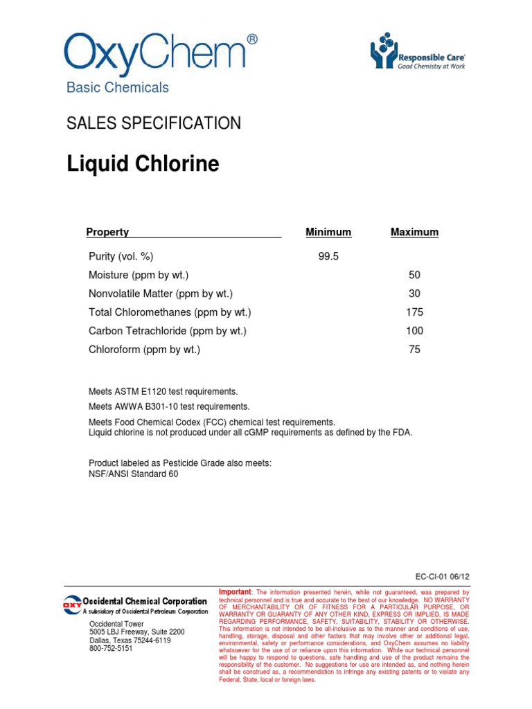 Liquid Chlorine Sales Specifications | PDF