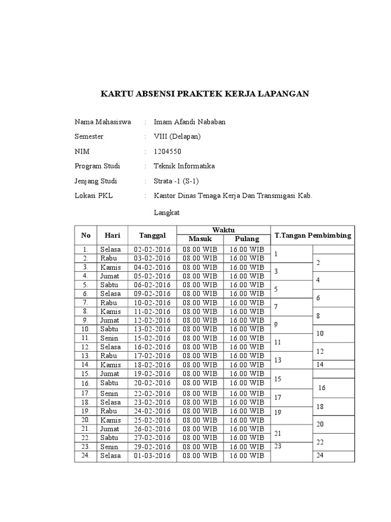 Kartu Absensi PKL Mahasiswa | PDF | Komputer | Teknologi & Rekayasa
