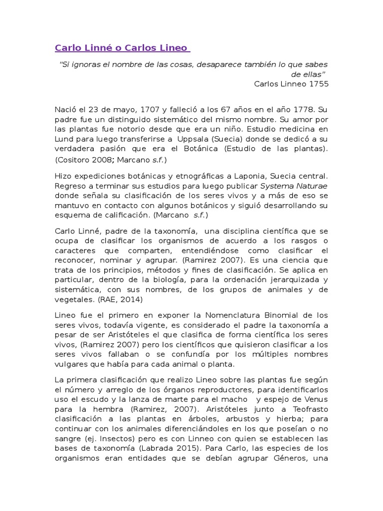 Carlo Linné o Carlos Lineo | PDF | Especies | Taxonomía (biología)