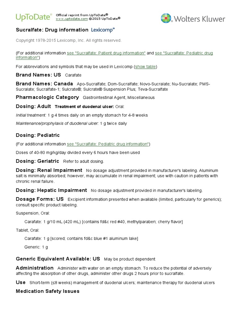 Sucralfate - Drug Information | PDF | Pharmaceutical Drug | Pharmacology