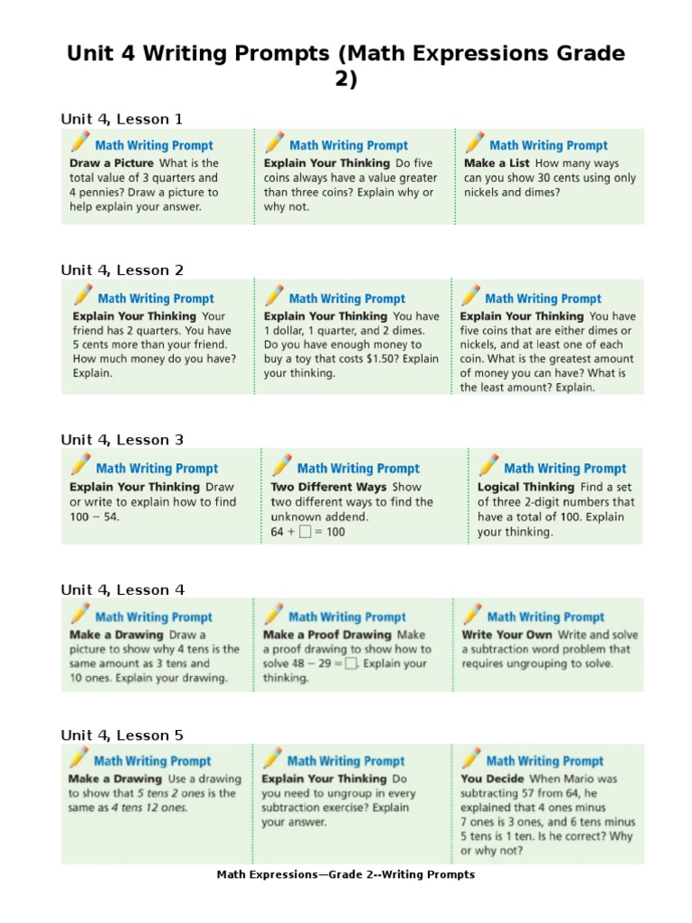 Unit 4 Writing Prompts (Math Expressions Grade 2) | PDF