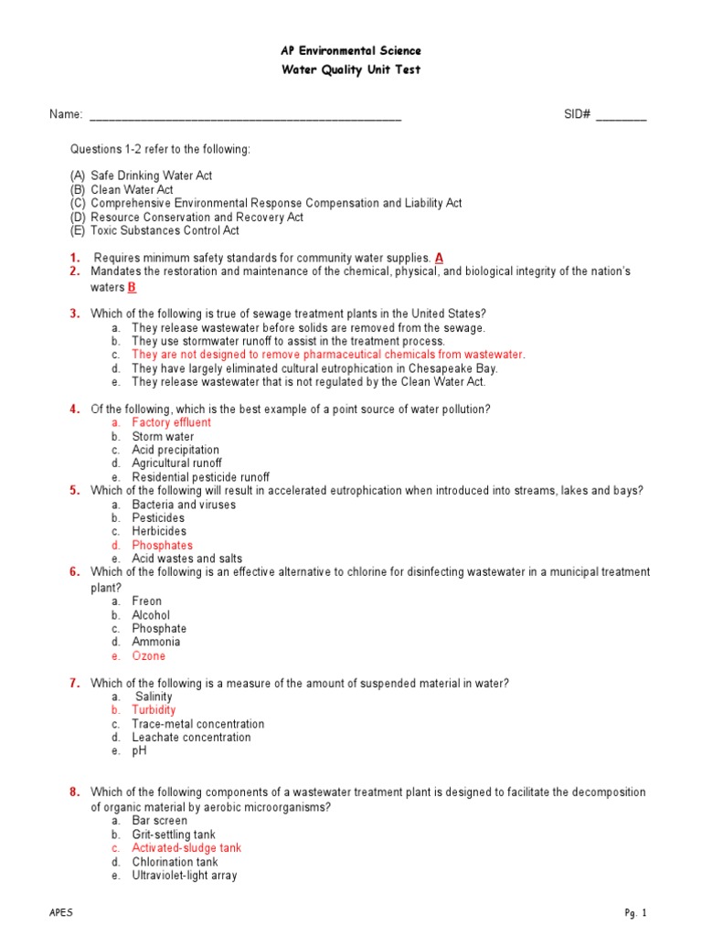 APES Water Quality Unit Test | PDF | Sewage Treatment | Wastewater