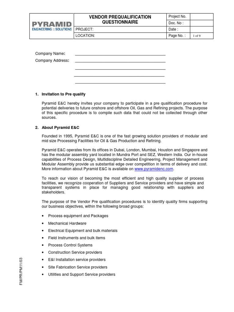 Vendor Prequalification Questionnaire | PDF | Iso 9000 | Audit