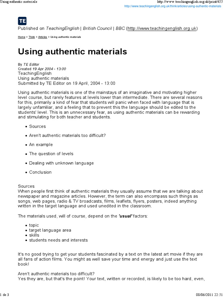 Using Authentic Materials | PDF | Vocabulary | Communication