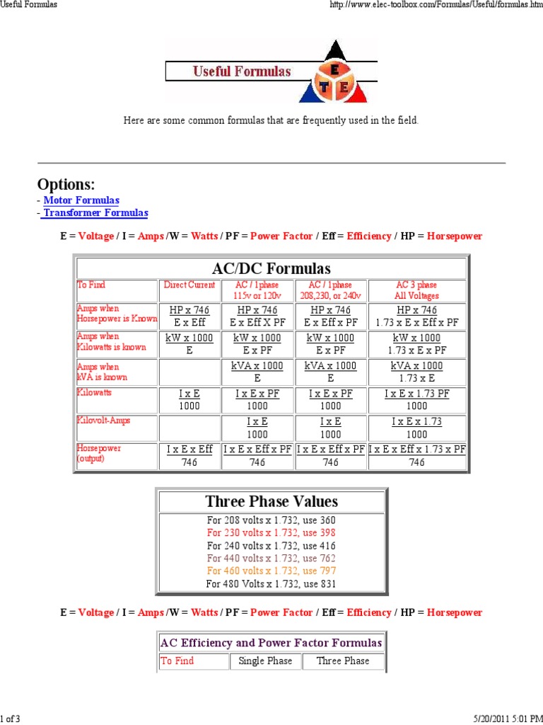 Options:: Motor Formulas Transformer Formulas | PDF