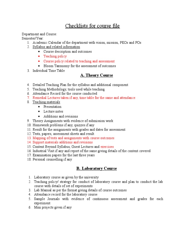 Checklists For Course File | PDF | Educational Assessment | Homework