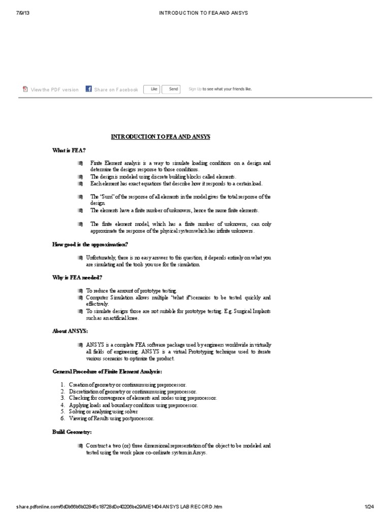 Introduction To Fea and Ansys | PDF | Finite Element Method ...