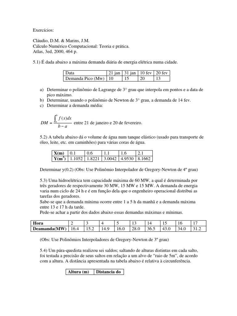 Exercícios Interpolação e Integração | PDF | Analise matemática ...